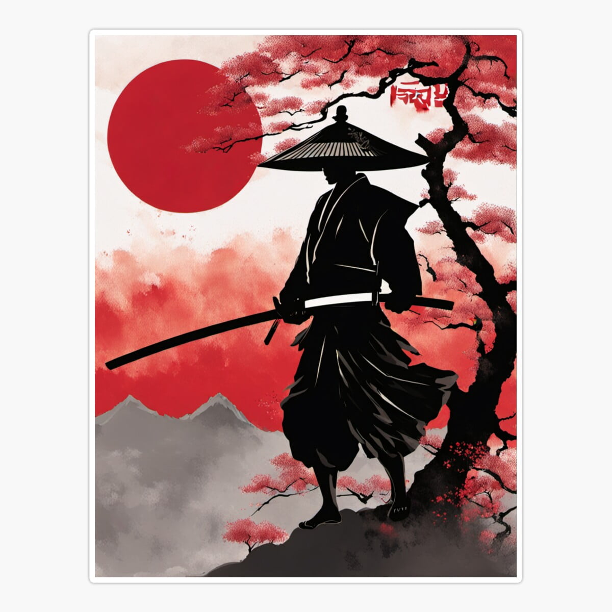 Maneki Samurai In Cherry Blossoms - Japanese Art Sticker, Phone Decal ...