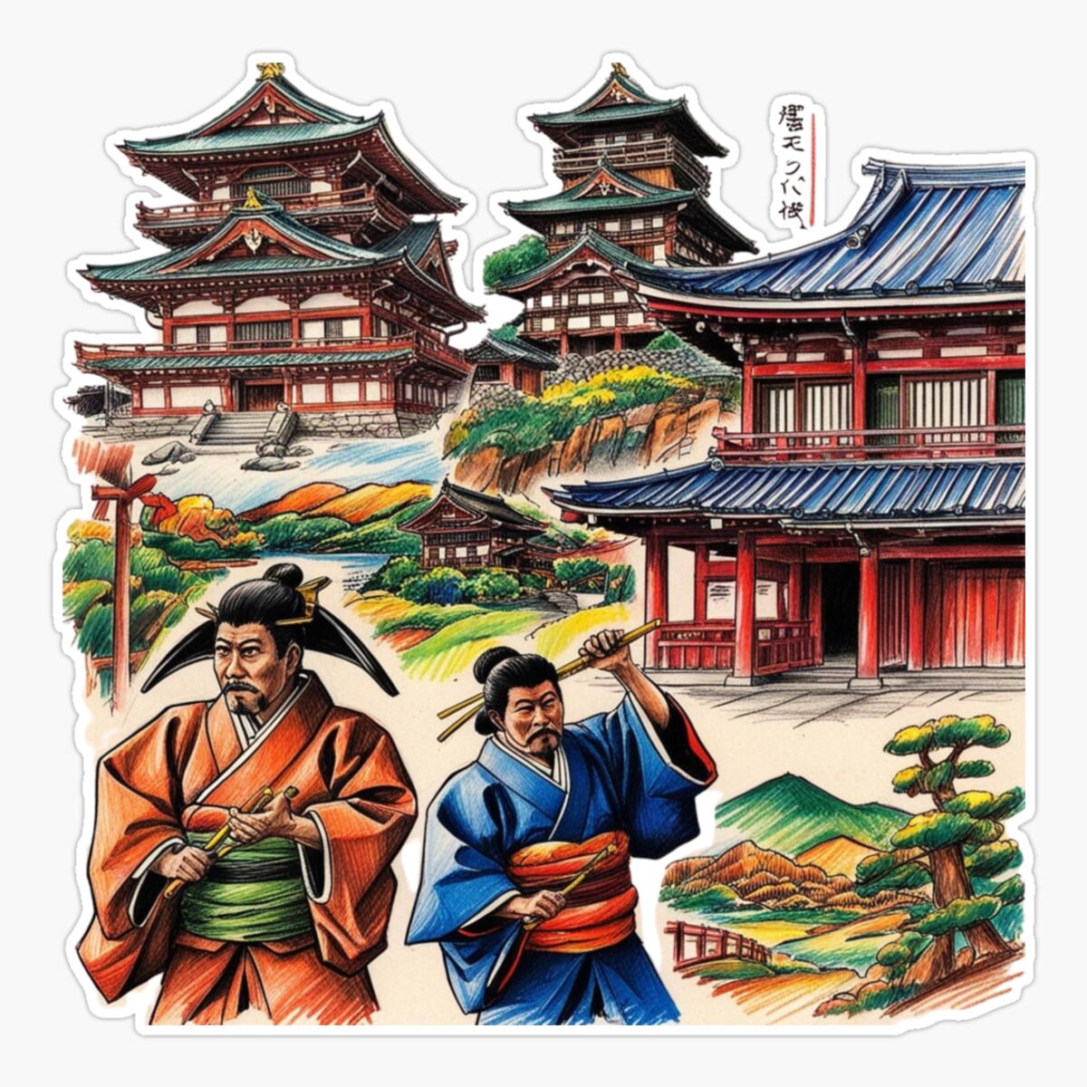 Maneki Samurai And Japanese Architecture – Color Pencil Sketch Of ...