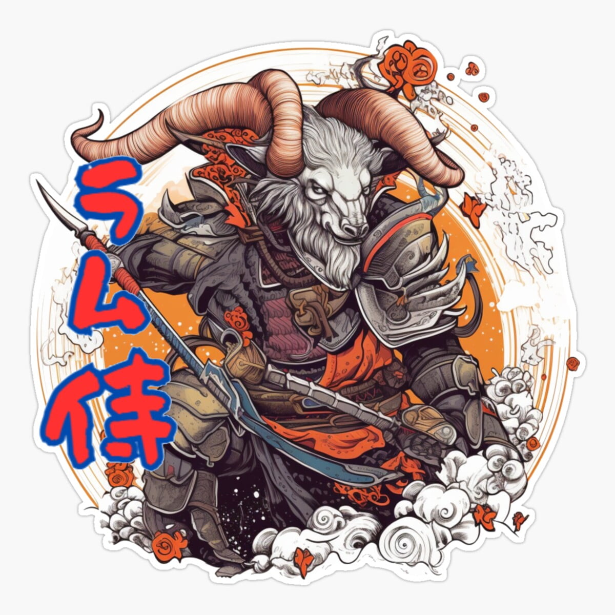 Maneki Samurai Ram Sticker, Phone Decal Water Bottle Stickers Car ...