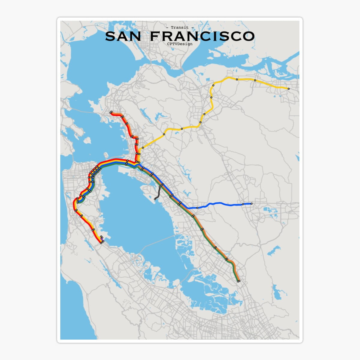 Maneki San Rancisco Transit Map Sticker, Phone Decal Water Bottle ...