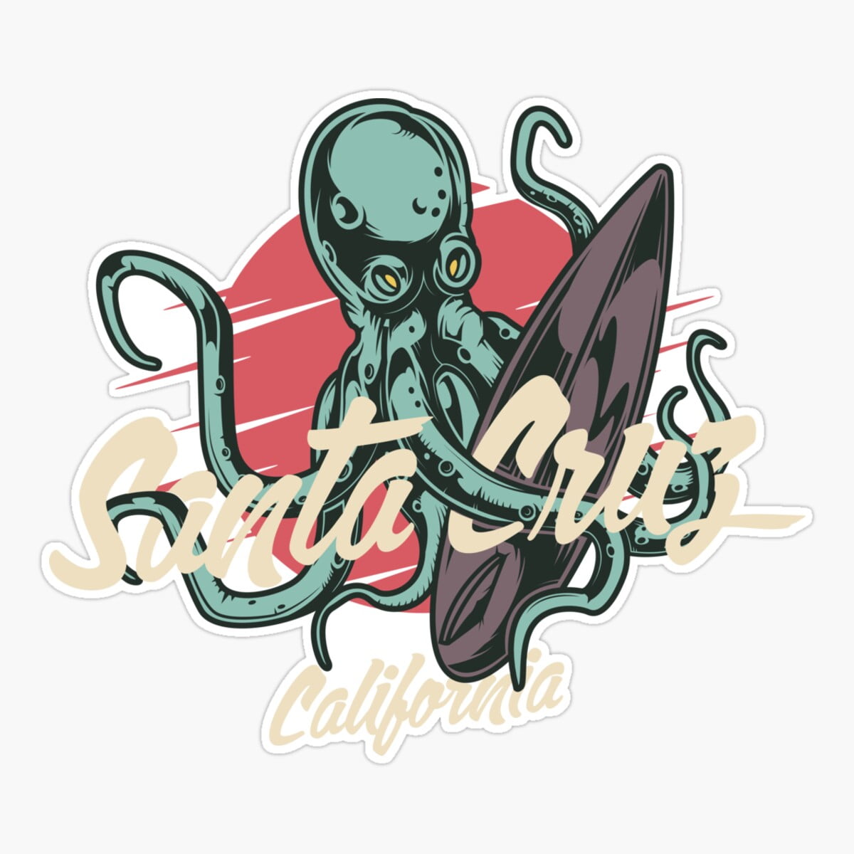 Maneki Santa Cruz California Octopus Surfing Sticker, Phone Decal Water ...