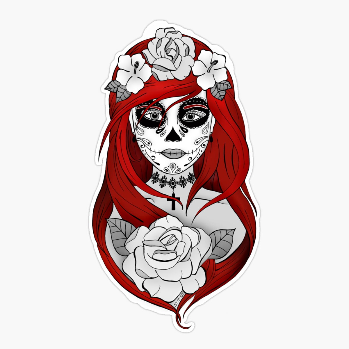 Maneki Santa Muerte - Red Hair Sticker, Phone Decal Water Bottle ...