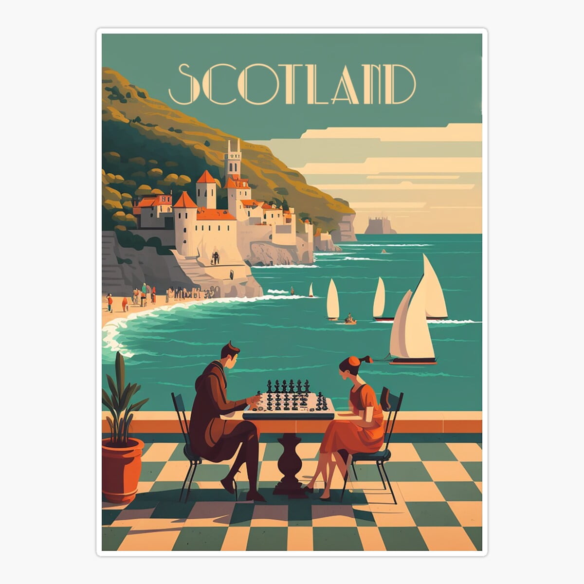 Maneki Scotland Coastline Chess Travel Art Poster Sticker, Phone Decal ...