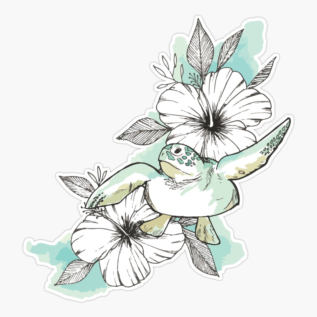 Maneki Sea Turtle With Flowers | Turtle And Hibiscus Sticker, Phone ...