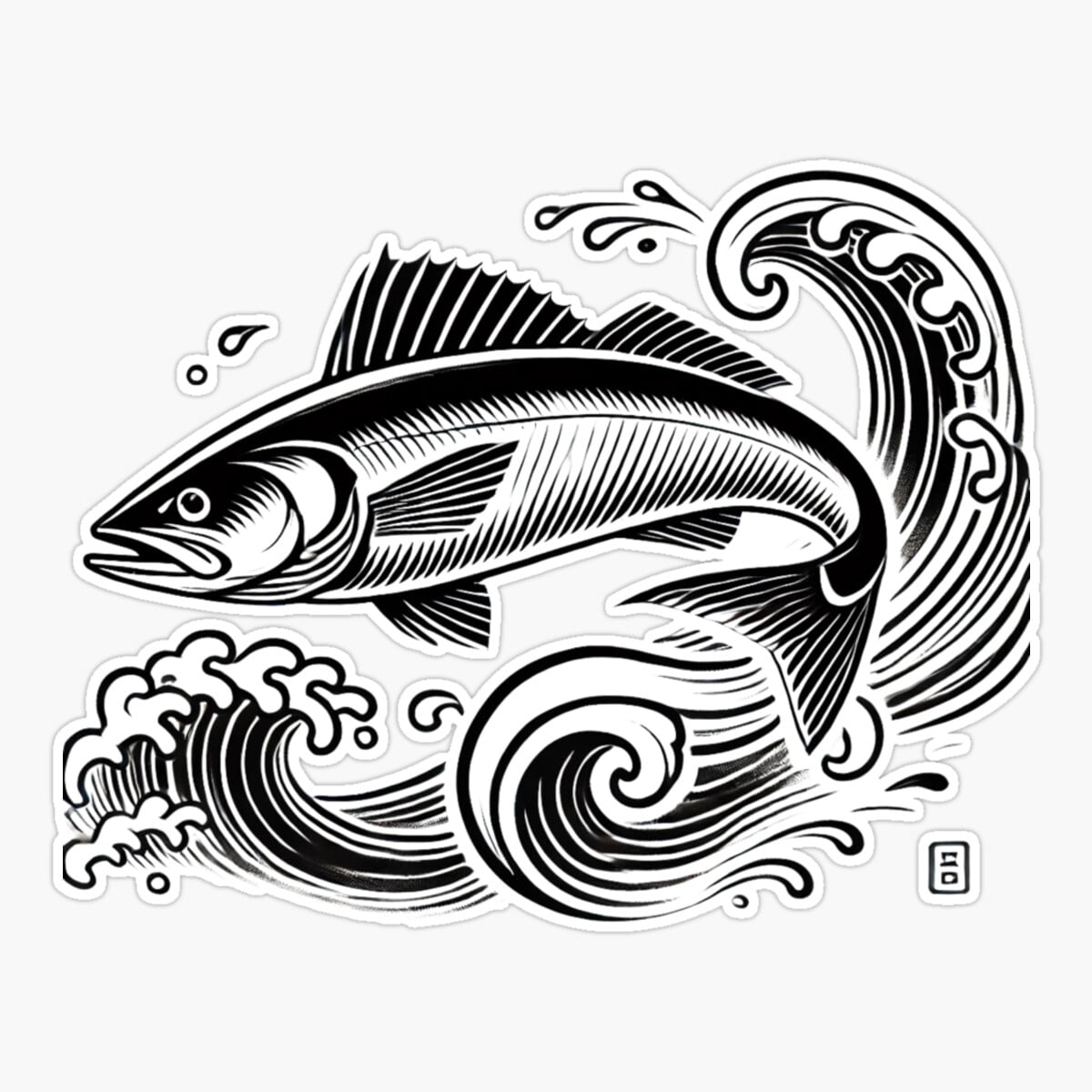Maneki Seabass & Waves – Japanese Ocean Linework Design Sticker, Phone ...