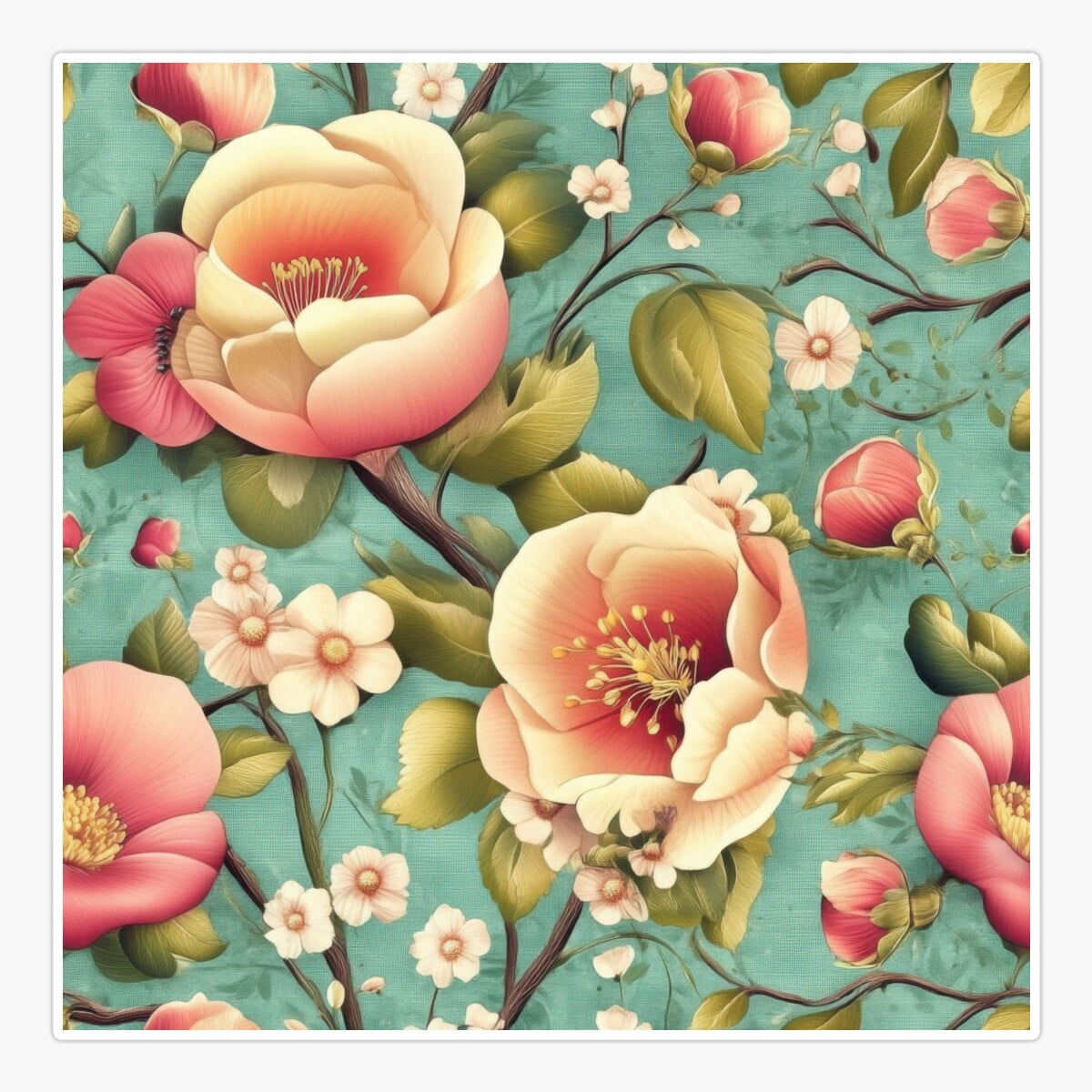 Maneki Seamless Pattern: Peach And Pink Vintage Floral On Turquoise ...