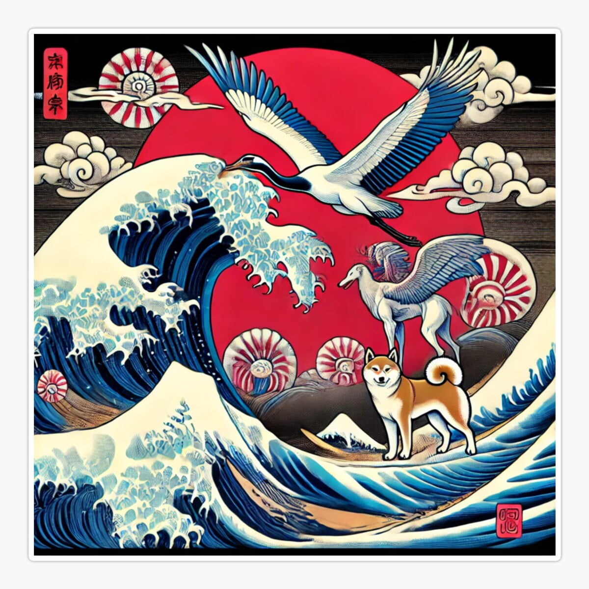 Maneki Shiba Inu And The Crane – A Japanese Wave Of Beauty Sticker ...