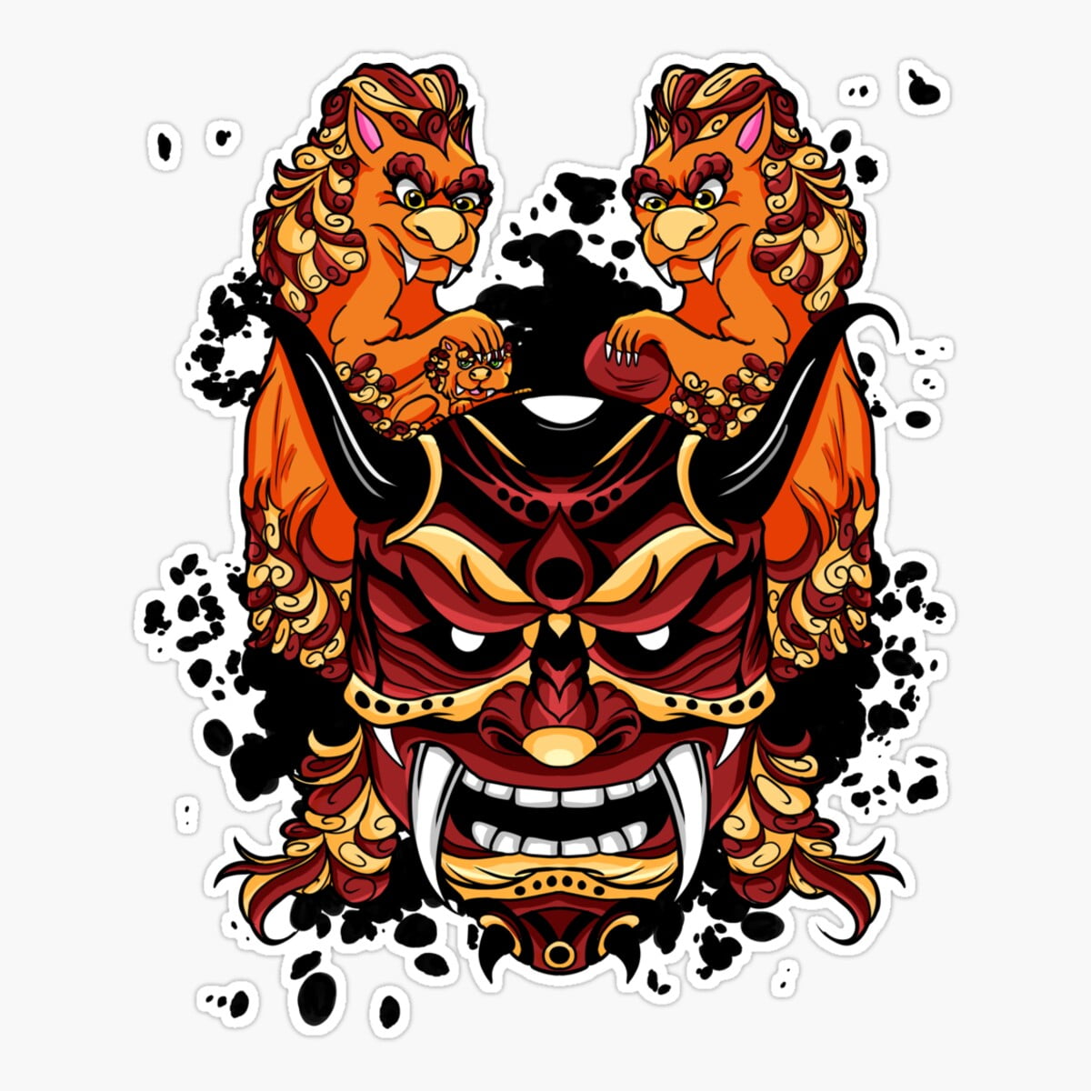 Maneki Shisa And Japanese Demon (Oni) Mask Sticker, Phone Decal Water ...