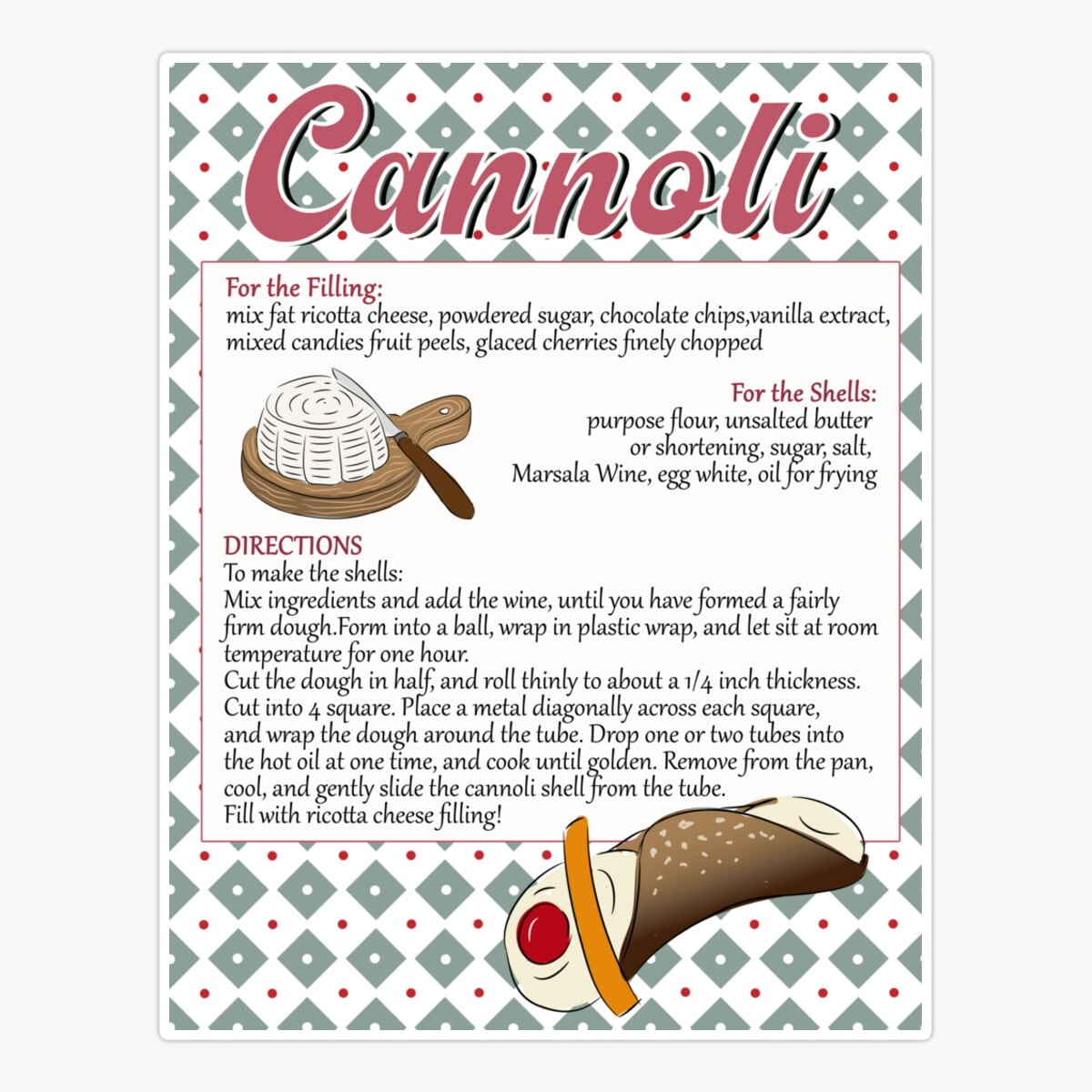Maneki Sicilian Recipe Cannoli Sticker, Phone Decal Water Bottle ...