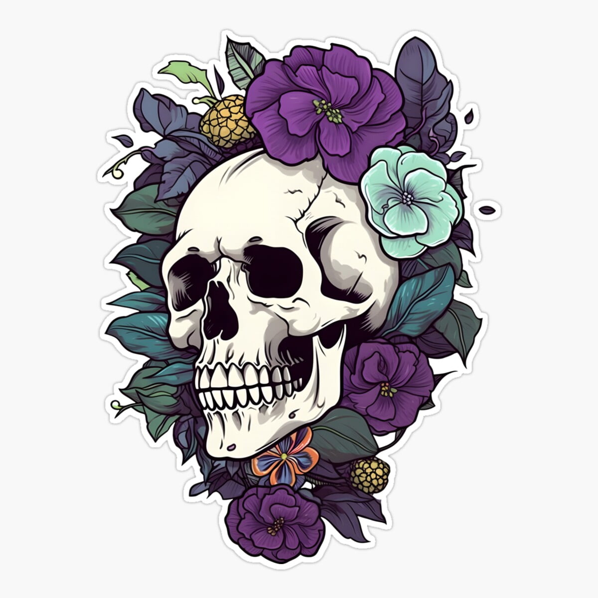 Maneki Skull And Flowers 3 Sticker, Phone Decal Water Bottle Stickers Car Decals, Funny Birthday ...