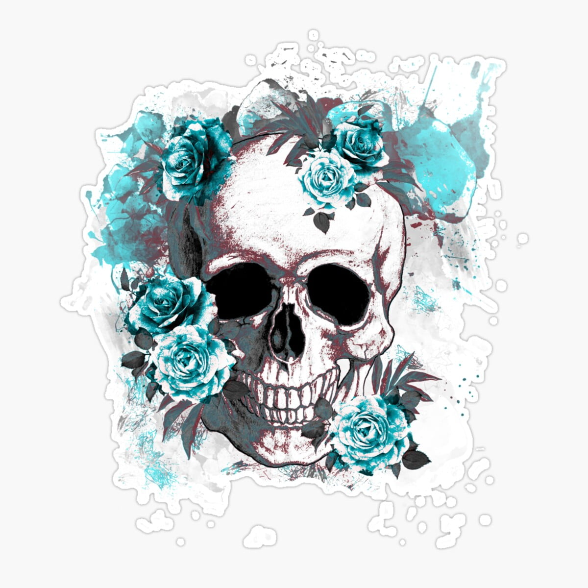 Maneki Skull Human Anatomy Loral, Turquoise Watercolor Roses,Mask Cool ...