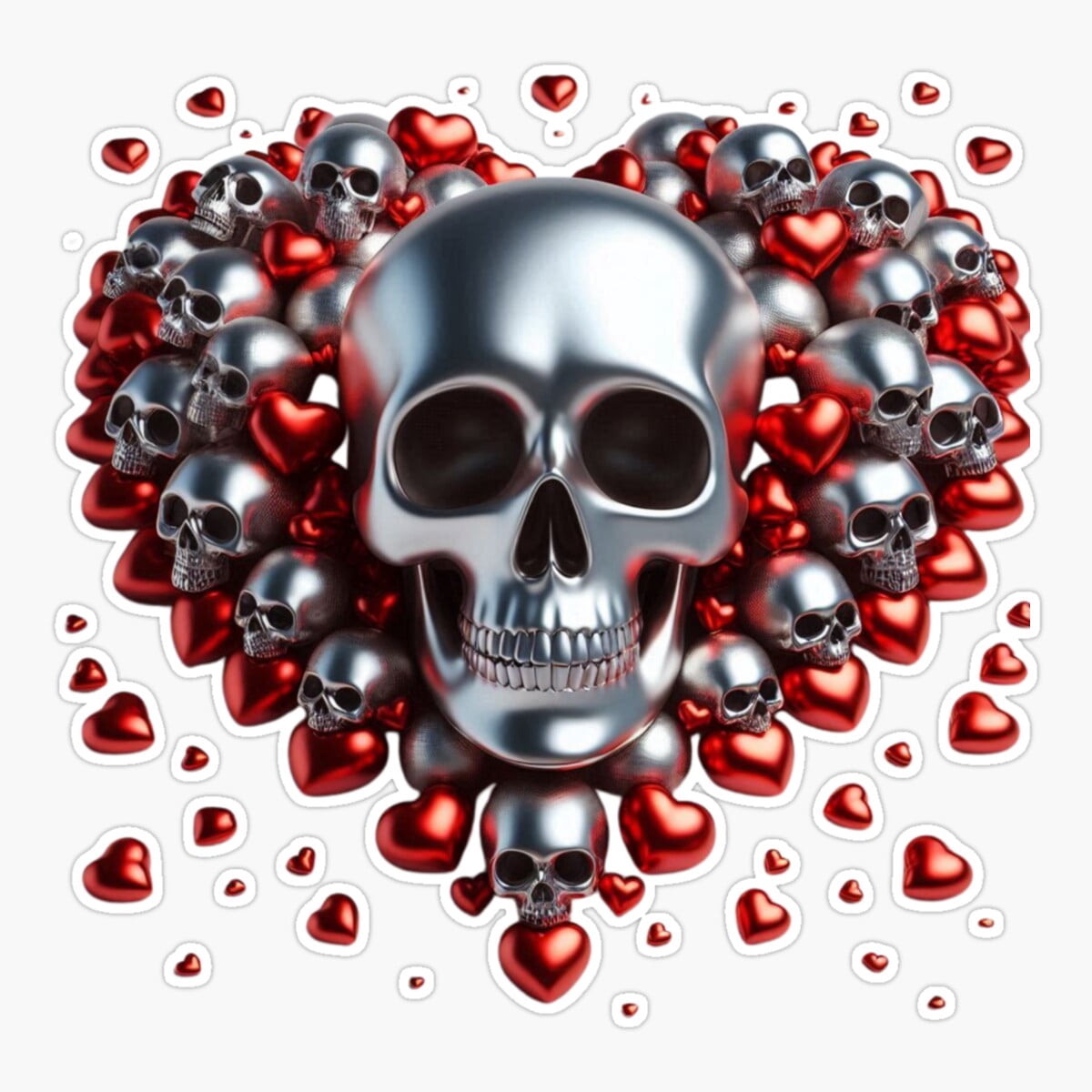 Maneki Small, Bright Silver Skulls And Red Hearts Er, Phone Decal Water ...