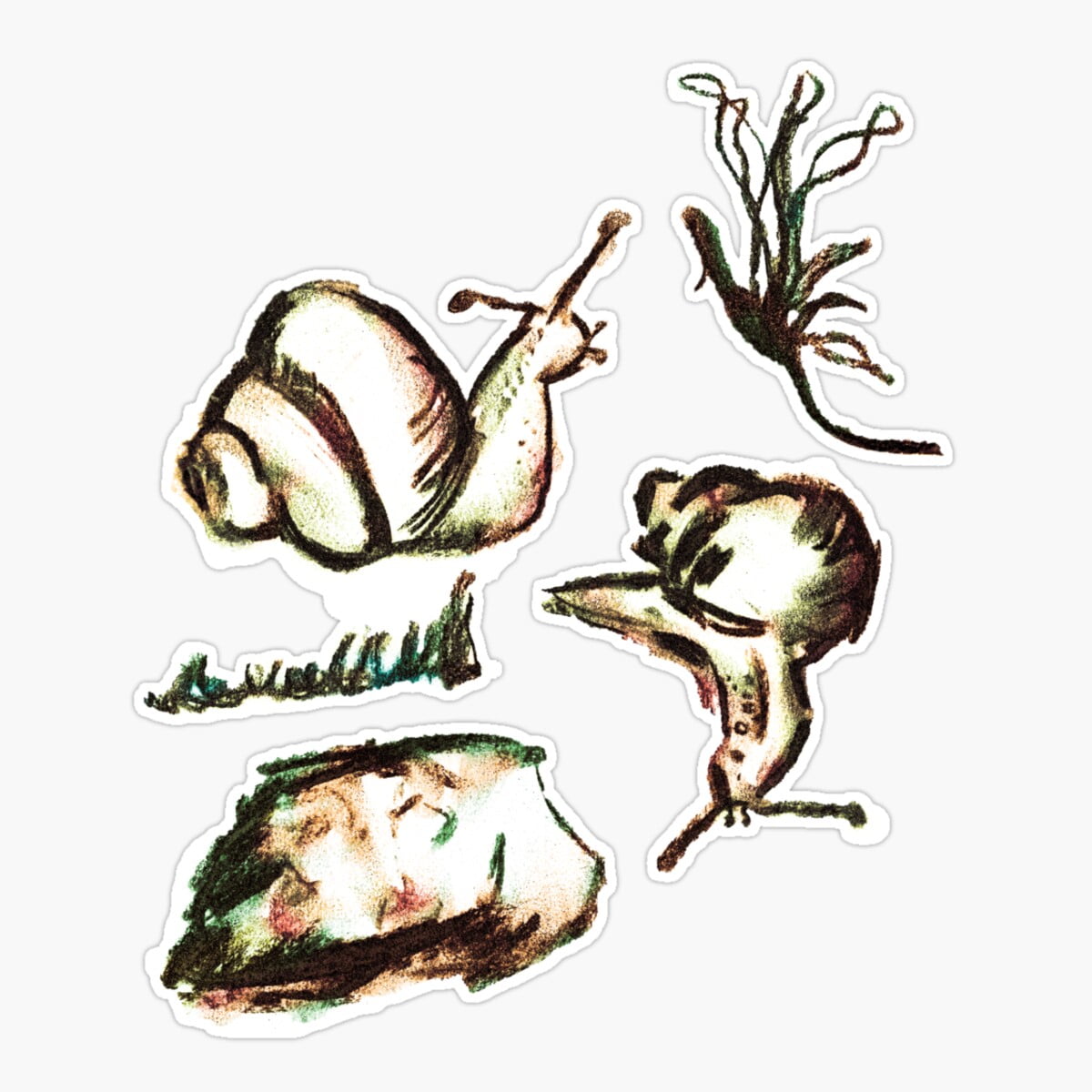 Maneki Snails And Grass Forestcore Drawing Sticker, Phone Decal Water ...