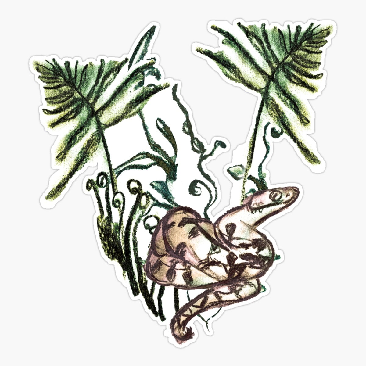 Maneki Snake And Ferns, Cottagecore Charcoal Drawing Sticker, Phone ...