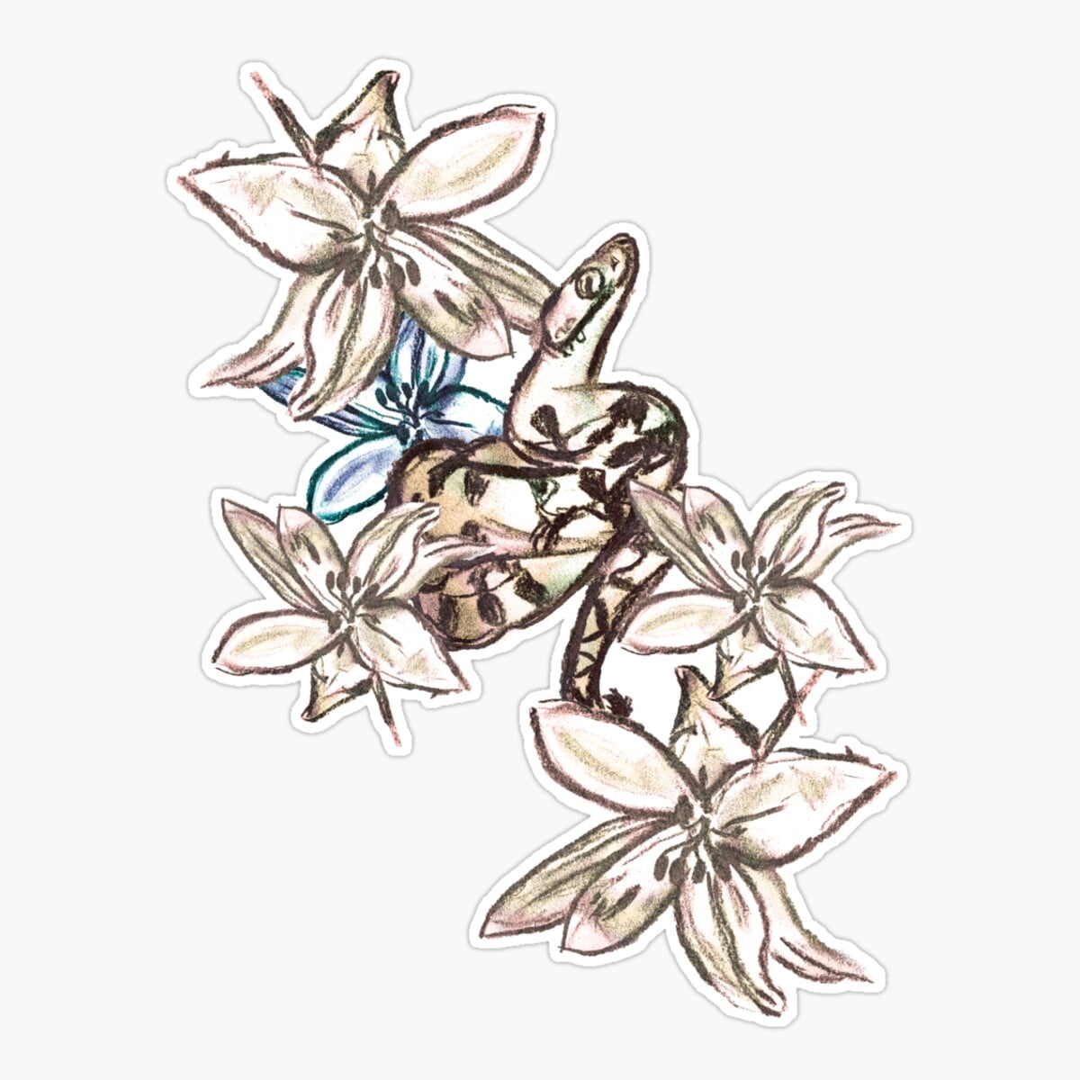 Maneki Snake And Lilies, Dark Academia Charcoal Drawing Sticker, Phone ...