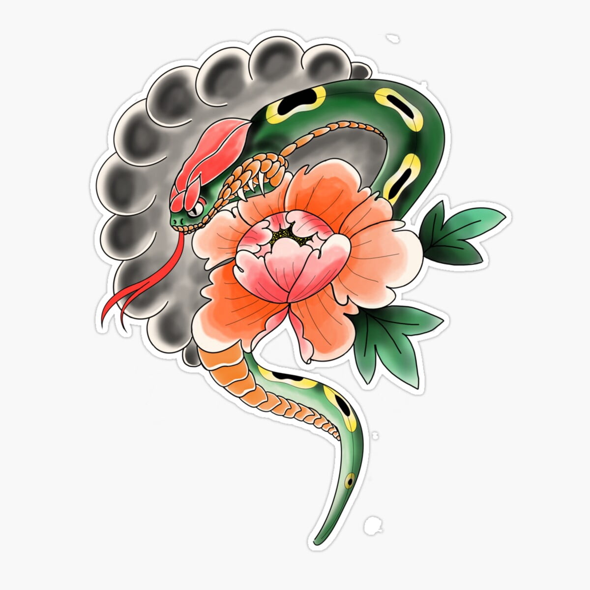 Maneki Snake And Peony Tattoo Design Sticker, Phone Decal Water Bottle ...