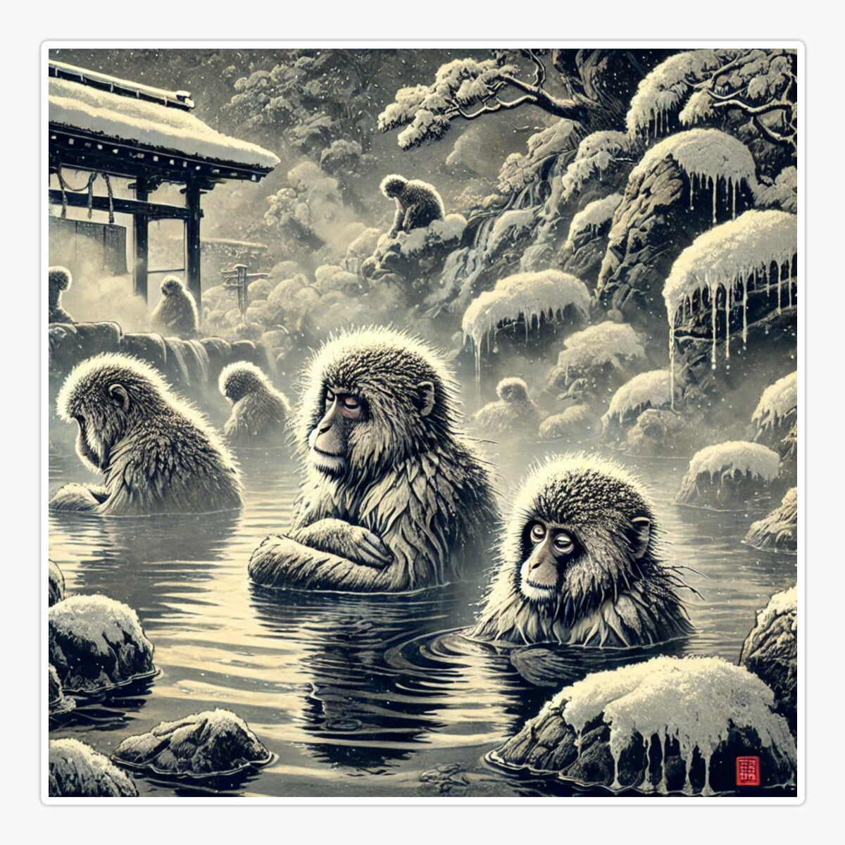 Maneki Snow Monkeys In Tranquil Hot Springs Sticker, Phone Decal Water ...
