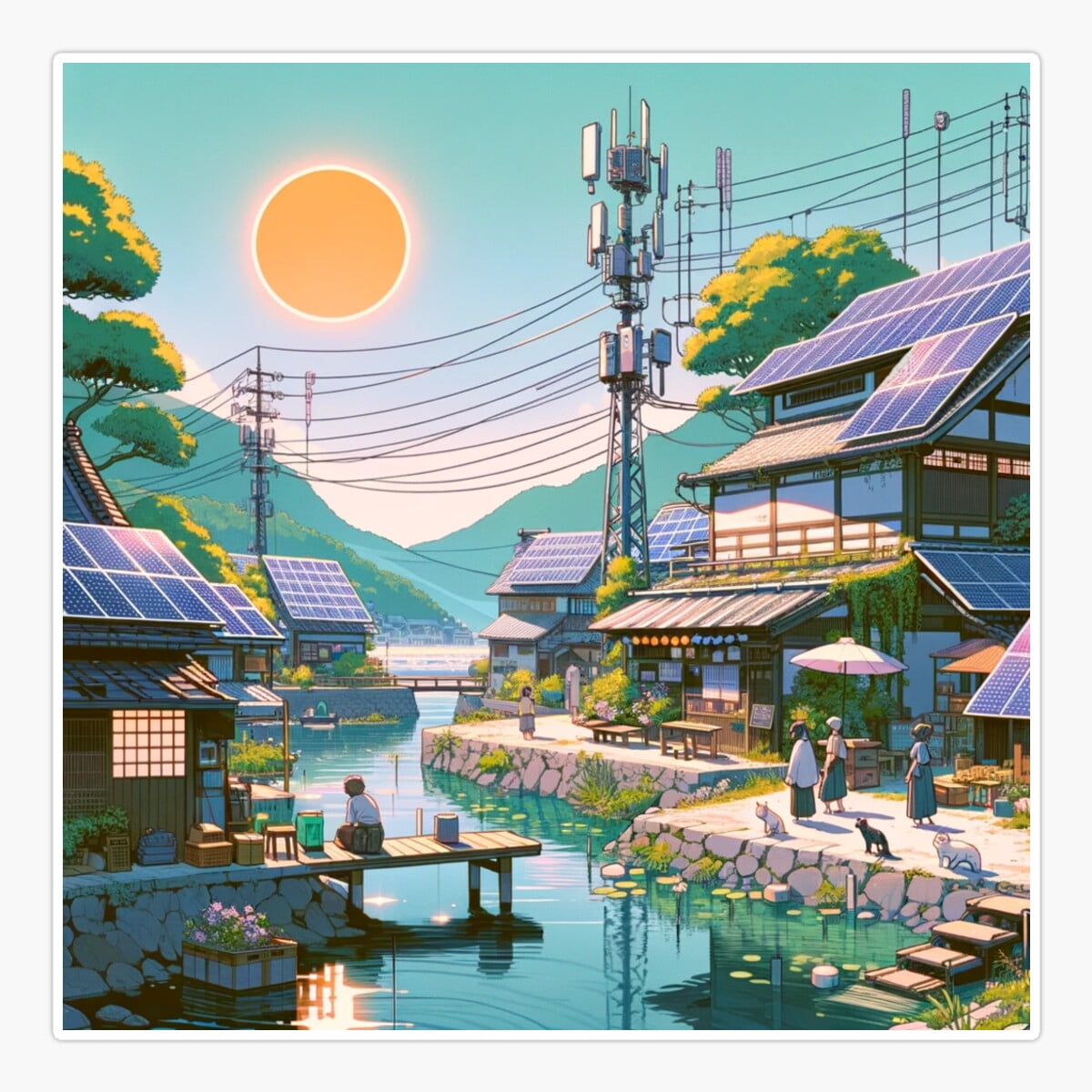 Maneki Solar Punk Lakeside Community Sticker, Phone Decal Water Bottle ...