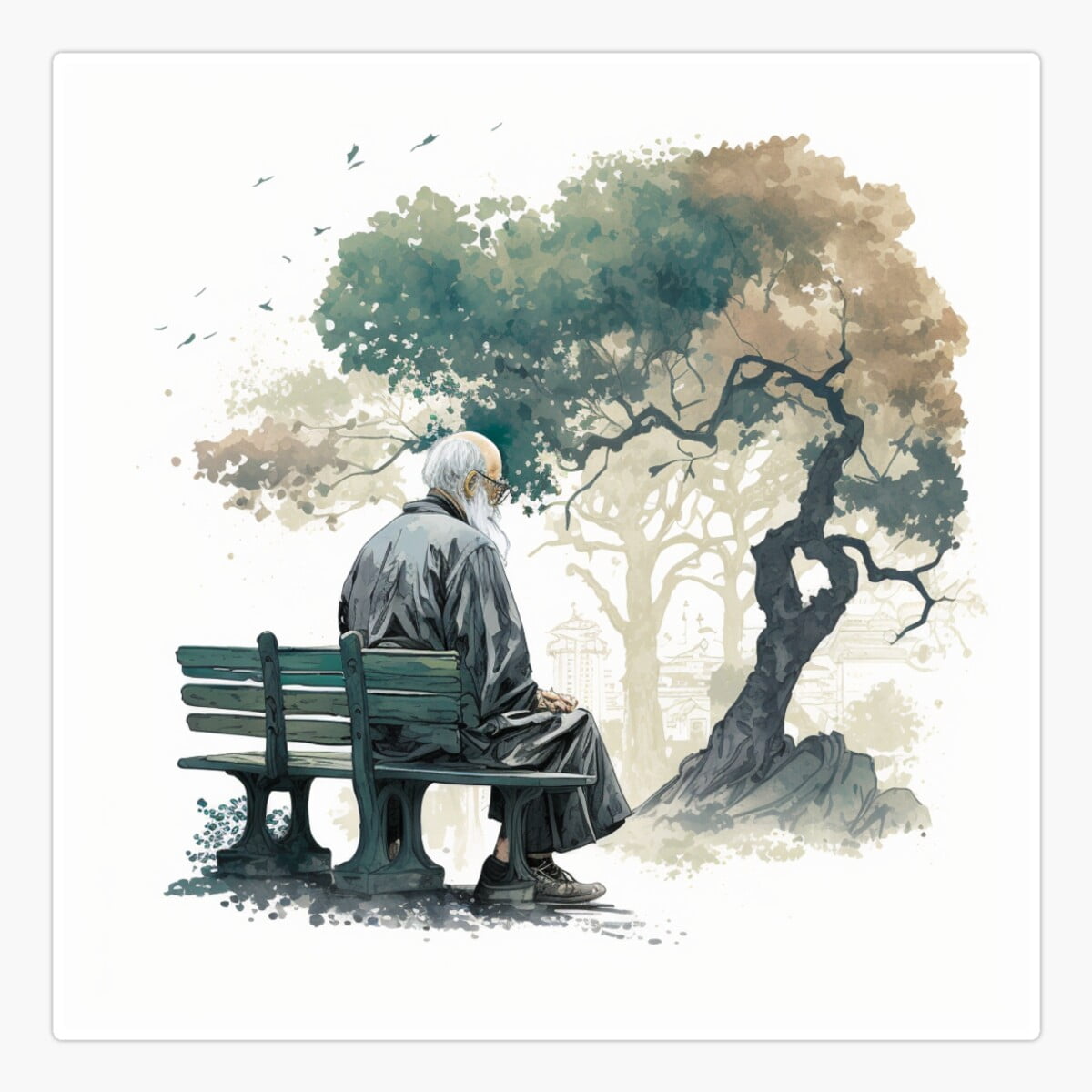 Maneki Solitude In The Park: A Japanese-Style Painting Of An Old Asian ...