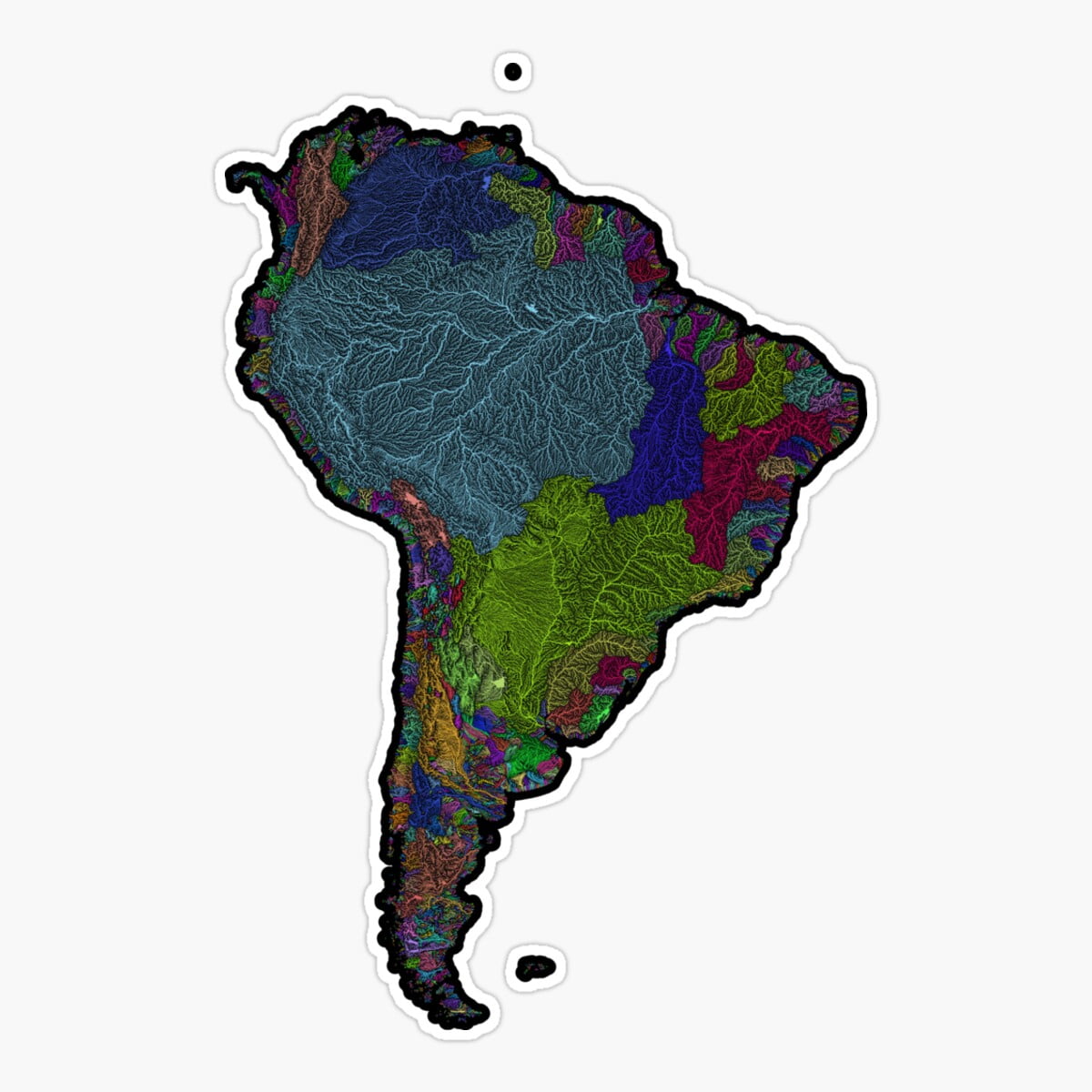 Maneki South America River Basin Map In Rainbow Colours With Black ...