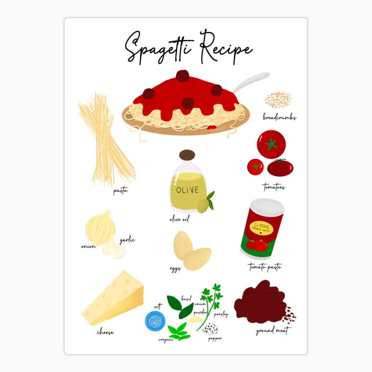 Maneki “Spaghetti Recipe” Illustration Sticker, Phone Decal Water ...