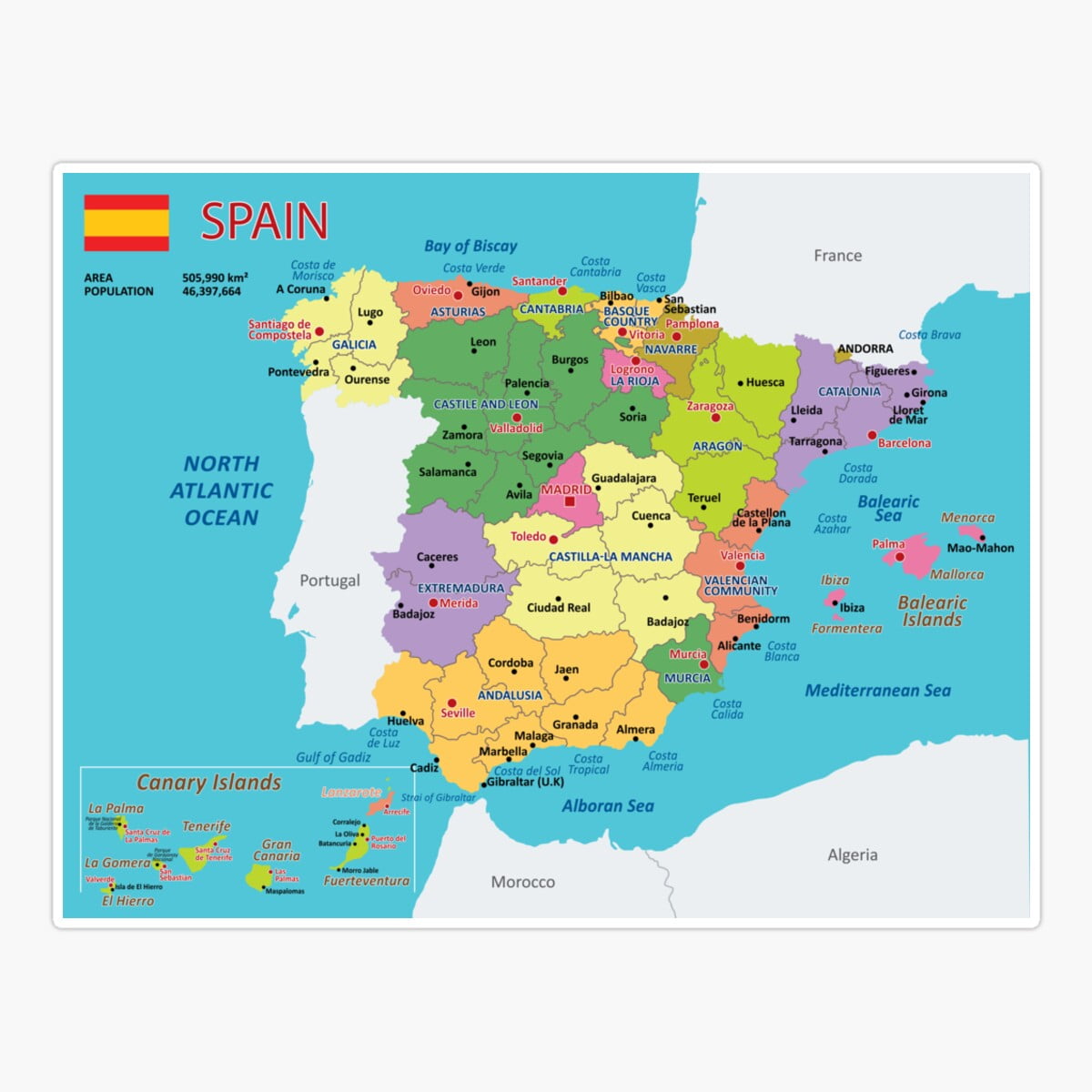 Maneki Spain Map With Regions And Main Cities Sticker, Phone Decal ...
