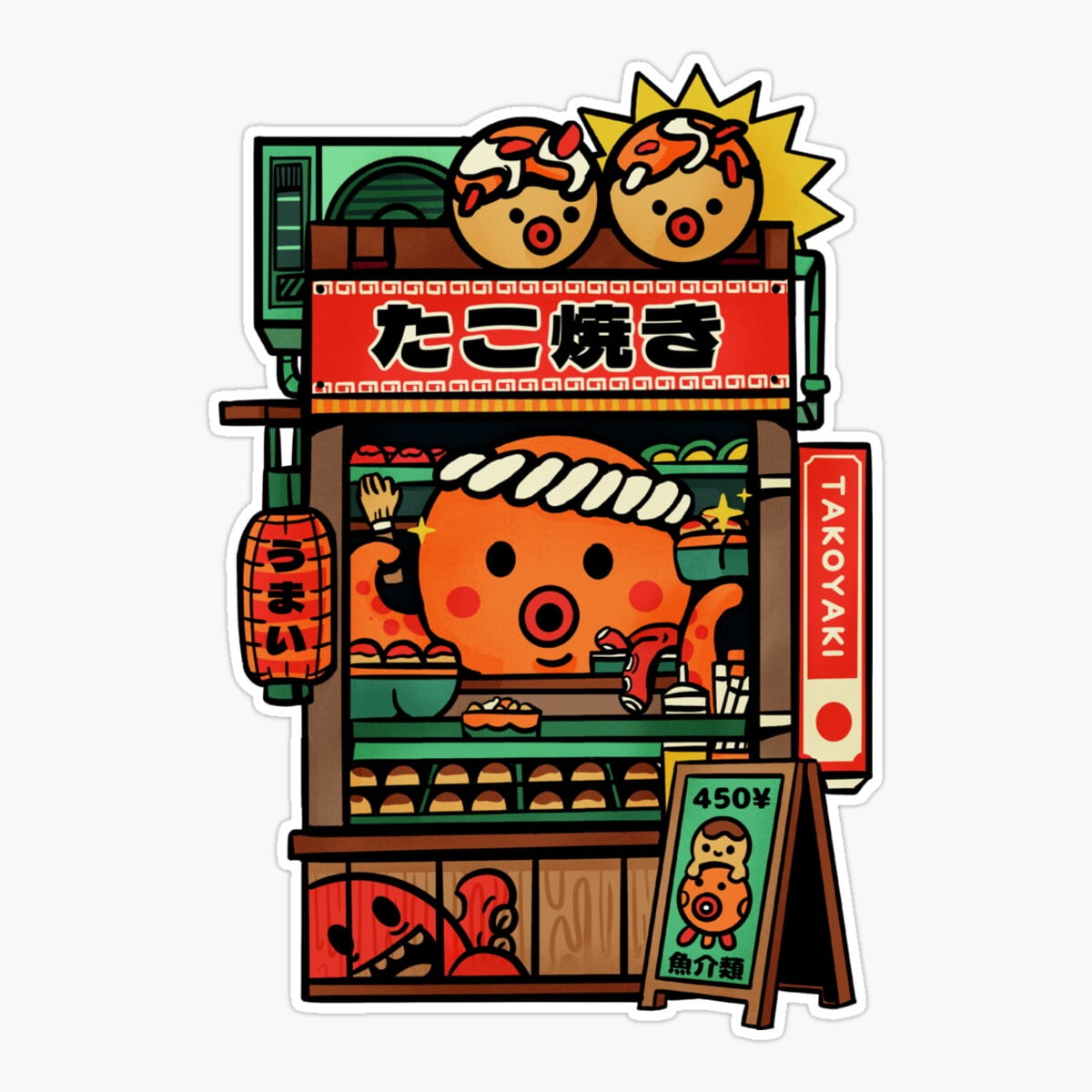 Maneki Squid Takoyaki Stall Sticker, Phone Decal Water Bottle Stickers ...