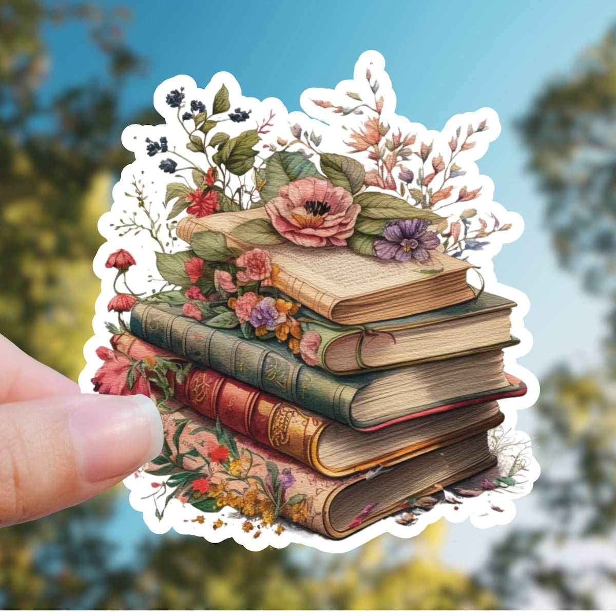 Maneki Stack Of Books Sticker Antique Books Book Sticker Flower Sticker ...