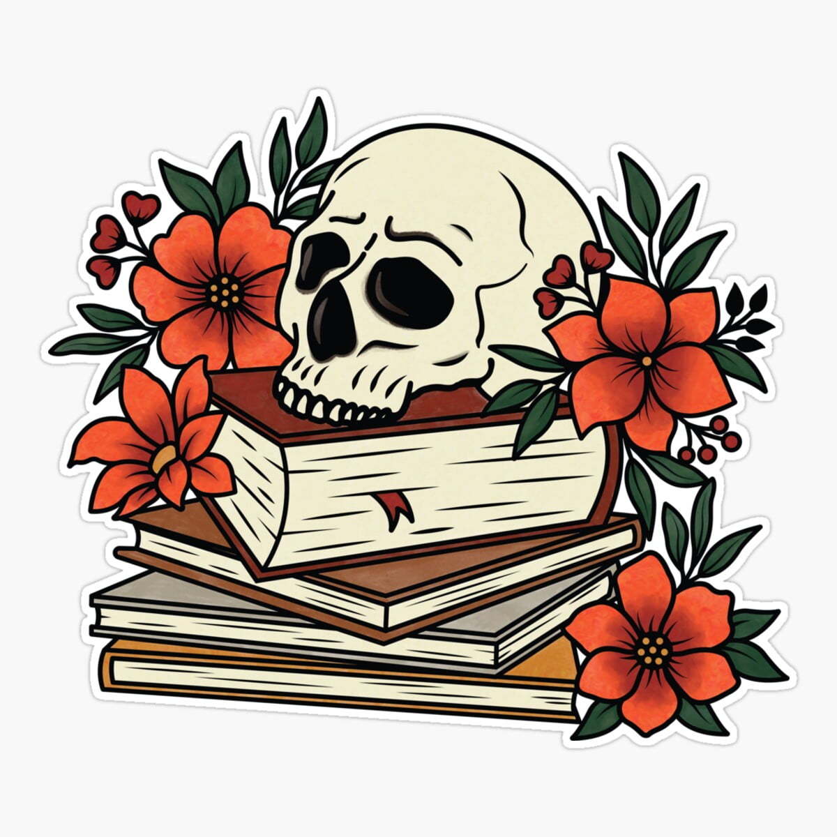 Maneki Stack Of Books With A Skull And Flowers Sticker, Phone Decal ...
