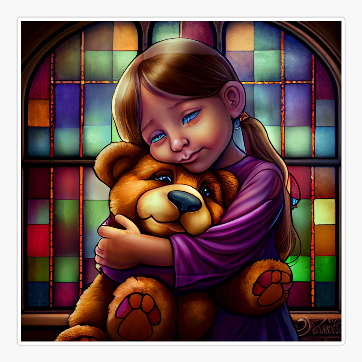 Maneki Stained Glass Portrait Of A Cute Girl Hugging Her Teddy Bear ...