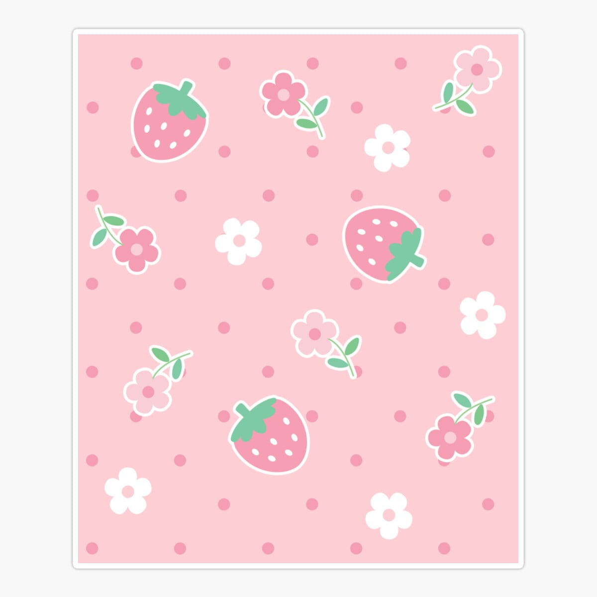 Maneki Strawberries Pink Flowers Dots Kawaii Cute Pastel Sticker, Phone ...