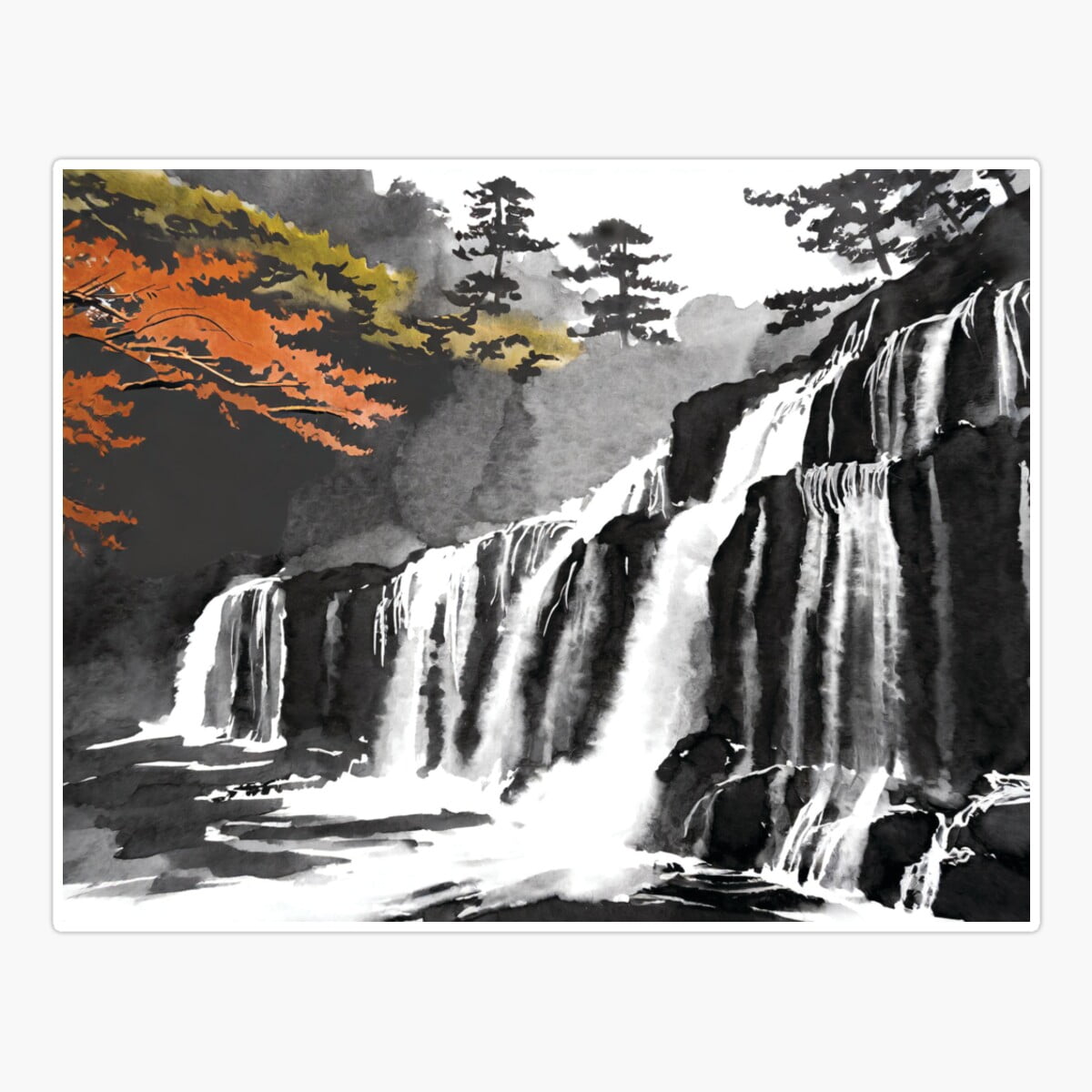 Maneki Sumi-E Waterfall Forest Mountains Sticker, Phone Decal Water ...