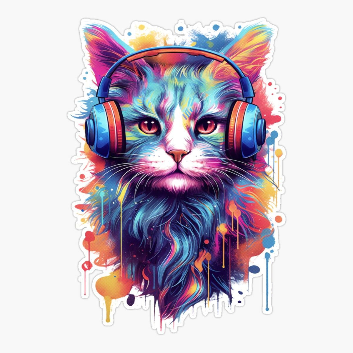 Maneki Summer Music Estival Cat In Headphones Sticker, Phone Decal ...