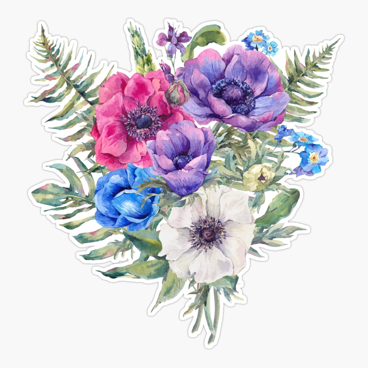 Maneki Summer Watercolor Vintage Blooming Anemones, Ferns, Wild And ...