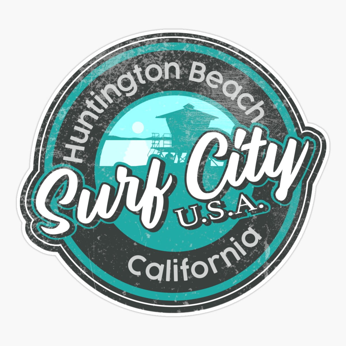 Maneki Surf City Beach Colors Round Worn, Distressed, Aqua Grey Sticker ...