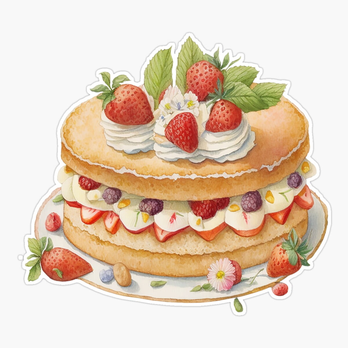Maneki Sweet Delight: Strawberry Sponge Cake With Cream Watercolor ...