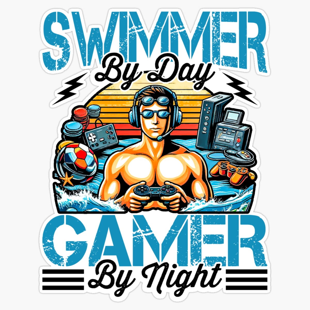Maneki Swimmer By Day Gamer By Night Swimming Swim Team Swimmers Er, Phone Decal Water Bottle ...