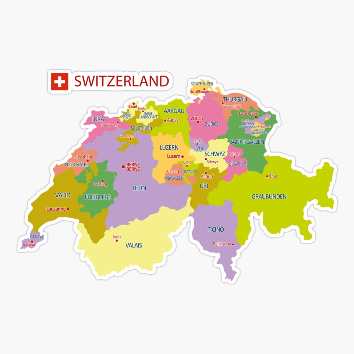 Maneki Switzerland Map With Regions And Main Cities Sticker, Phone ...