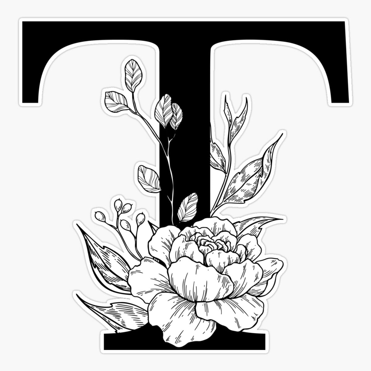 Maneki T Botanical Monogram. Detailed Peony Drawing Sticker, Phone ...