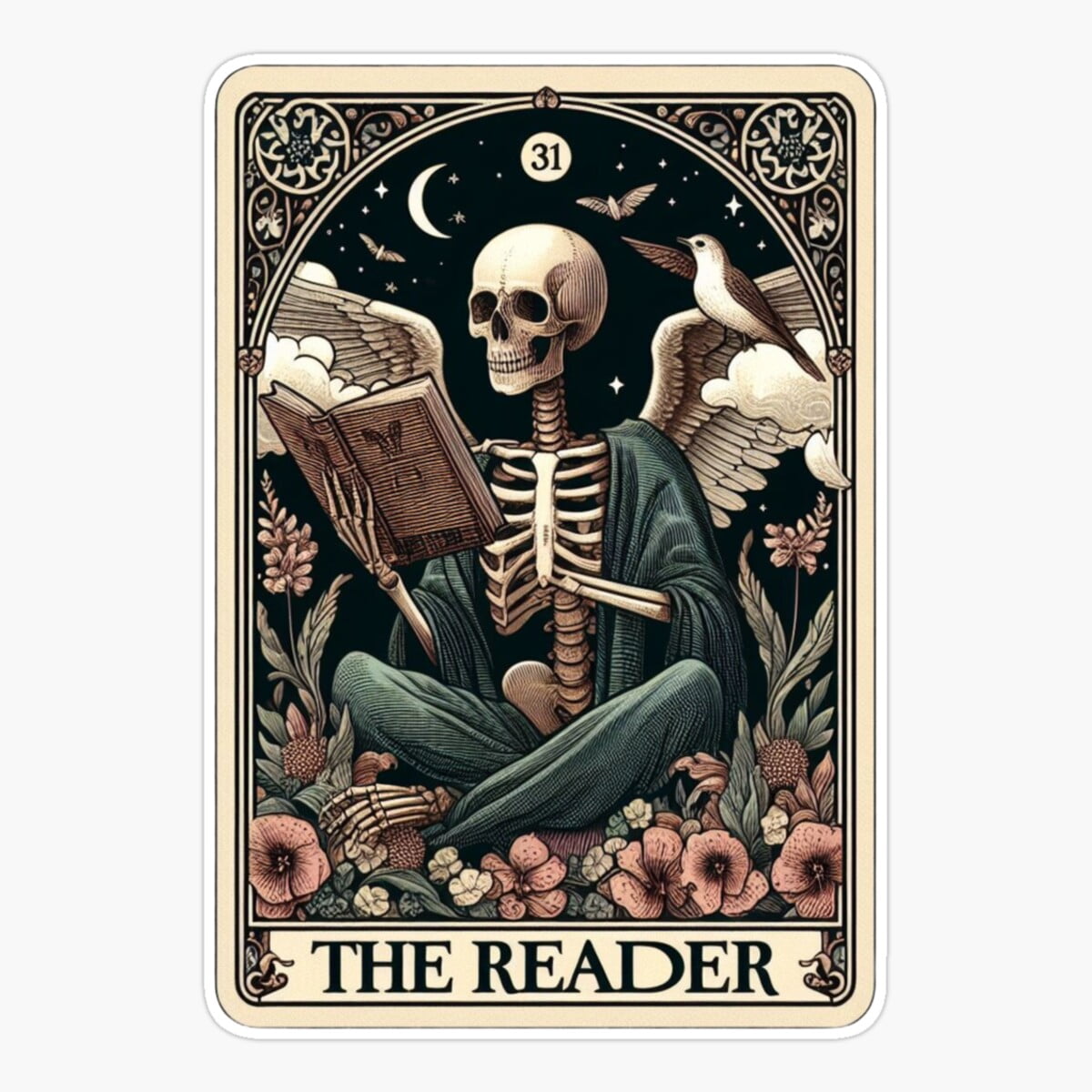Maneki Tarot Skeleton Reader Art | Mystical Decor For Book Lovers & Tarot Enthusiasts Sticker ...