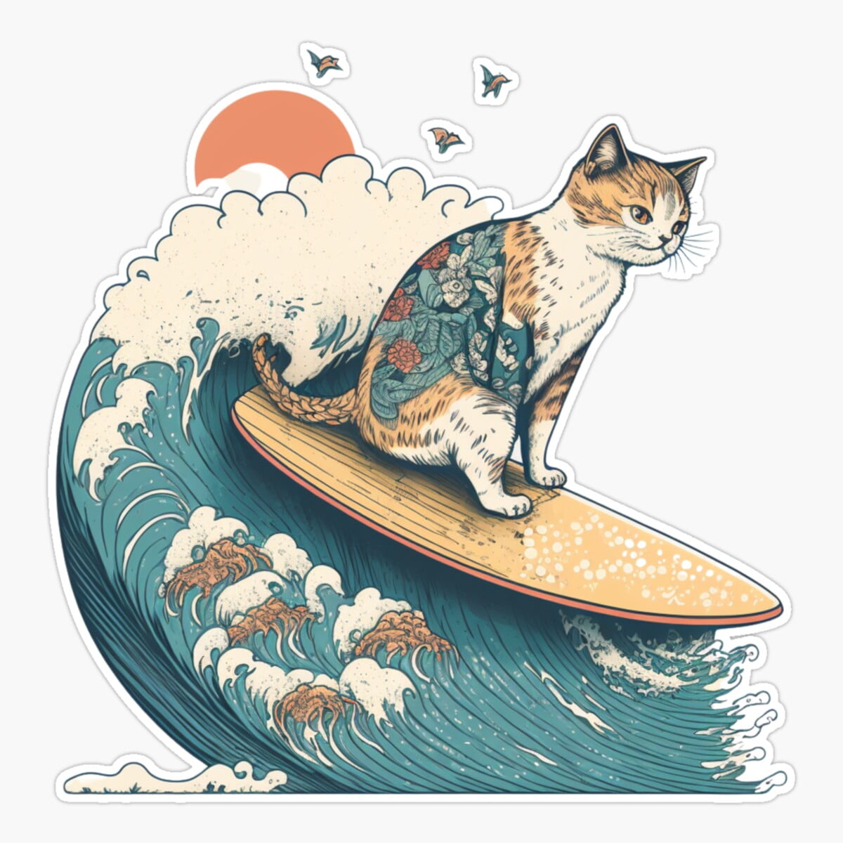 Maneki Tattooed Cat Suring In Big Wave Sticker, Phone Decal Water ...