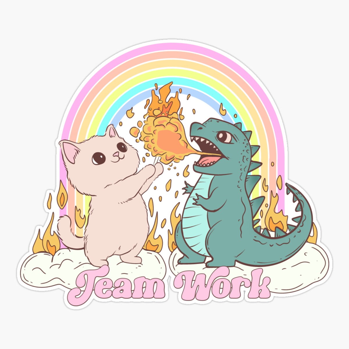 Maneki Team Work! Cute Cat And Dino Sticker, Phone Decal Water Bottle ...