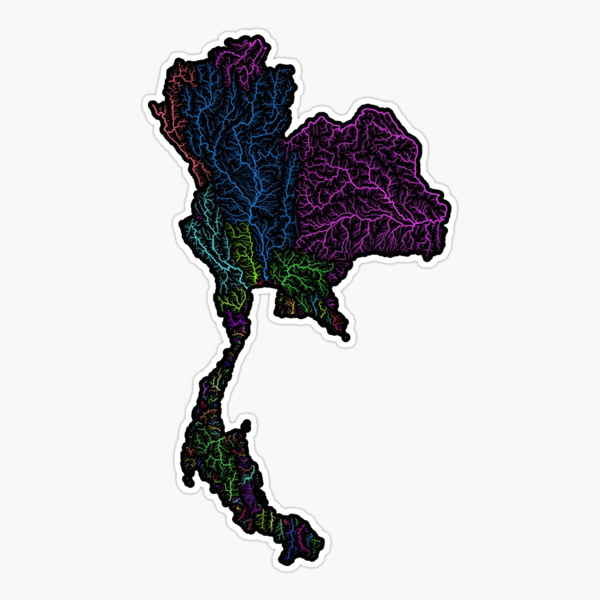 Maneki Thailand River Basin Map In Rainbow Colours With Black ...