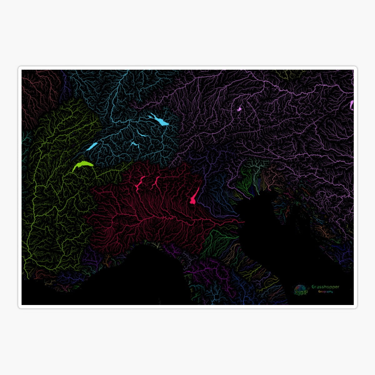 Maneki The Alps River Basin Map In Rainbow Colours With Black ...