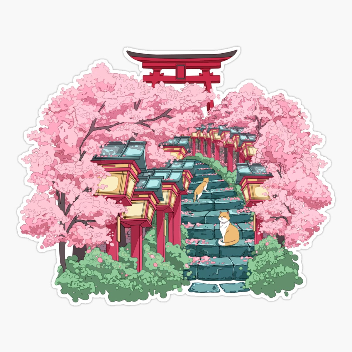 Maneki The Japanese Shrine, Cats And Pink Sakura Blossom Sticker, Phone ...