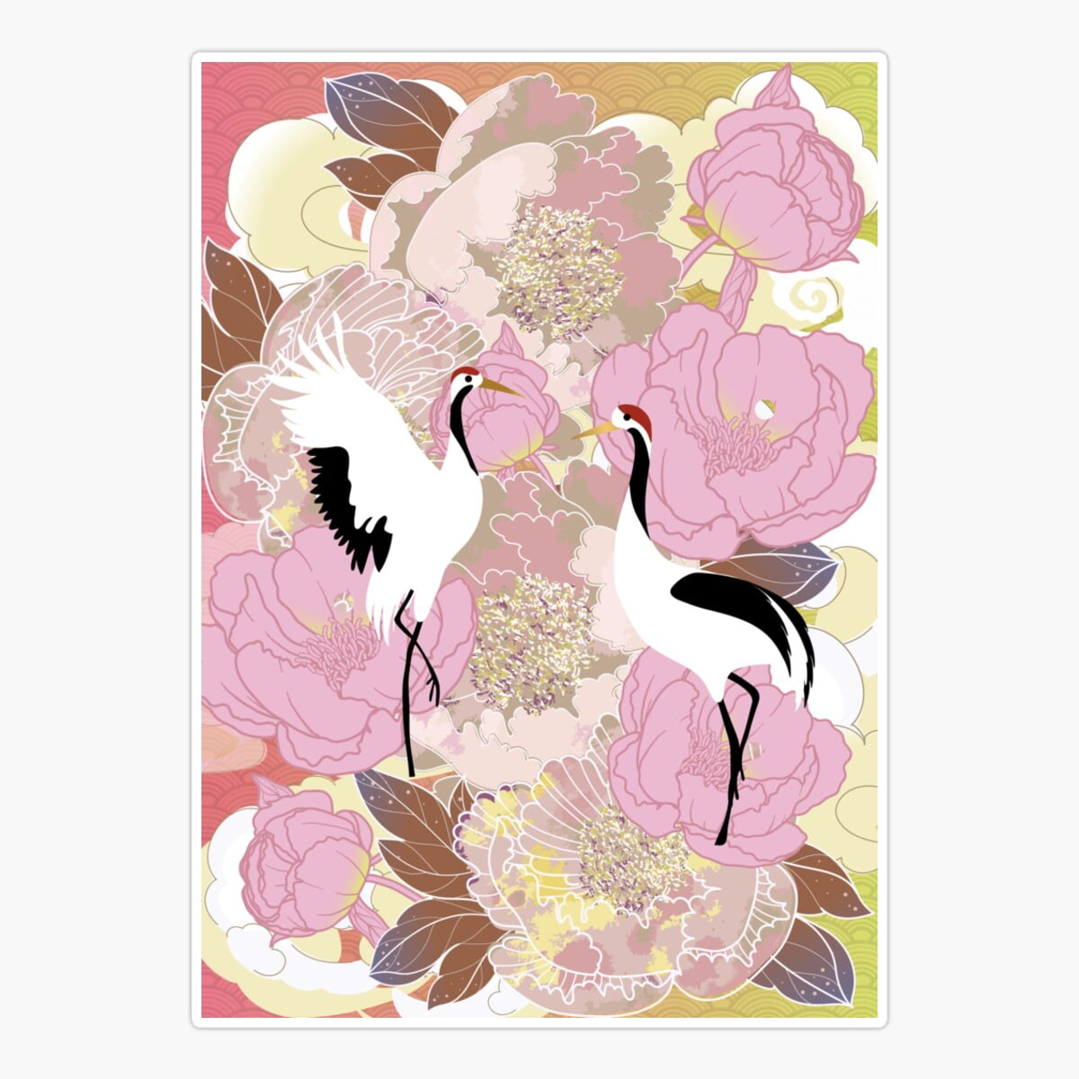 Maneki Traditional Classical Auspicious Cloud Peony Crane Sticker ...