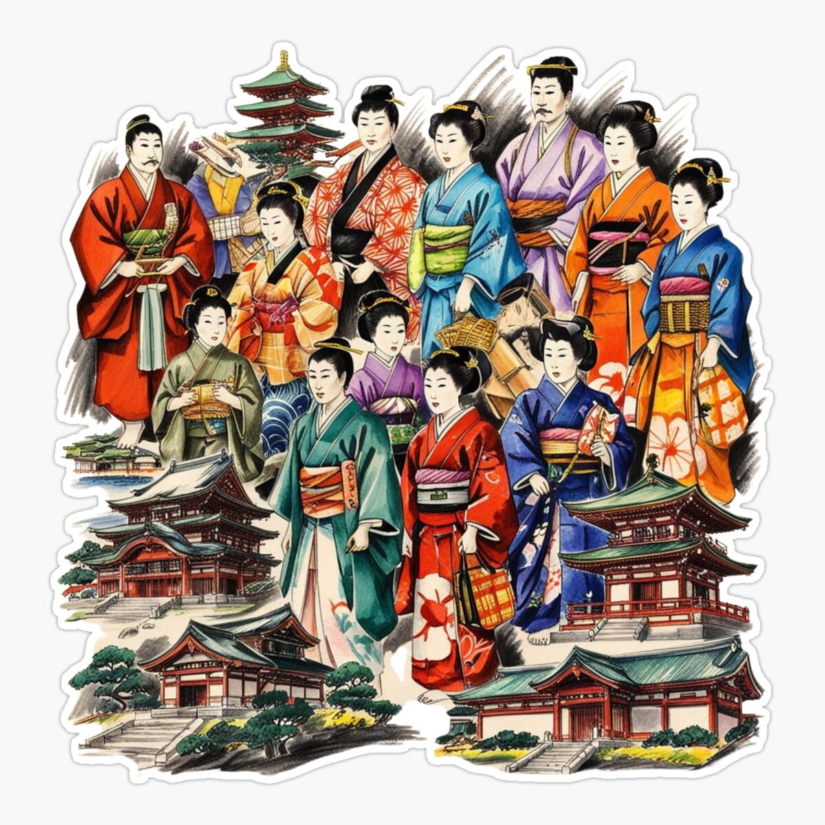 Maneki Traditional Japanese Culture – Geishas And Temples Sticker ...