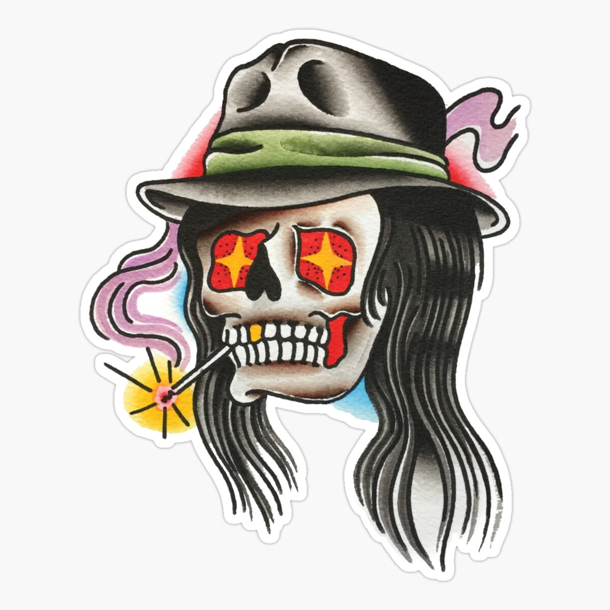 Maneki Traditional Long Haired Smokin' Skull Tattoo Design Er, Phone ...