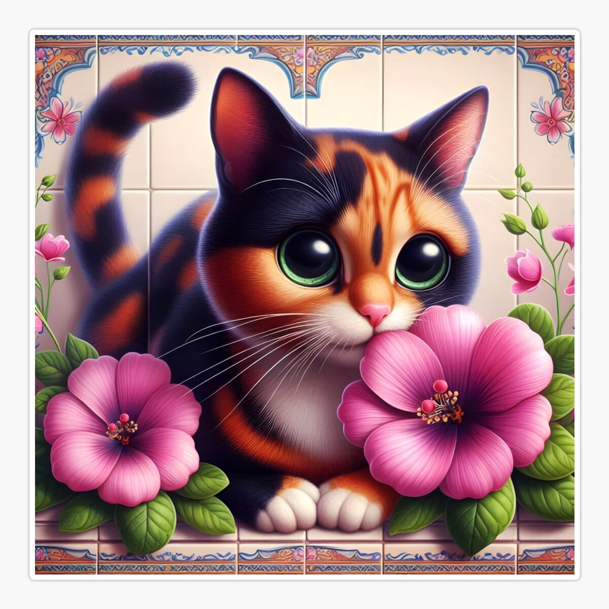 Maneki Tricolor Cat With Purple Lowers Art Sticker, Phone Decal Water ...