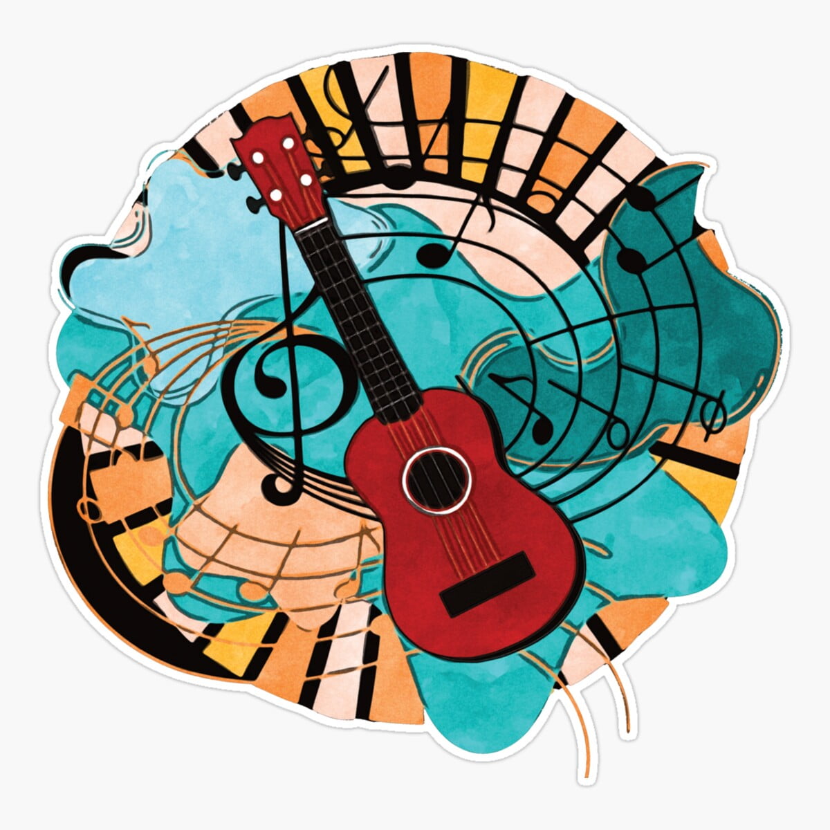 Maneki Ukulele With Swirling Notes Er, Phone Decal Water Bottle ...